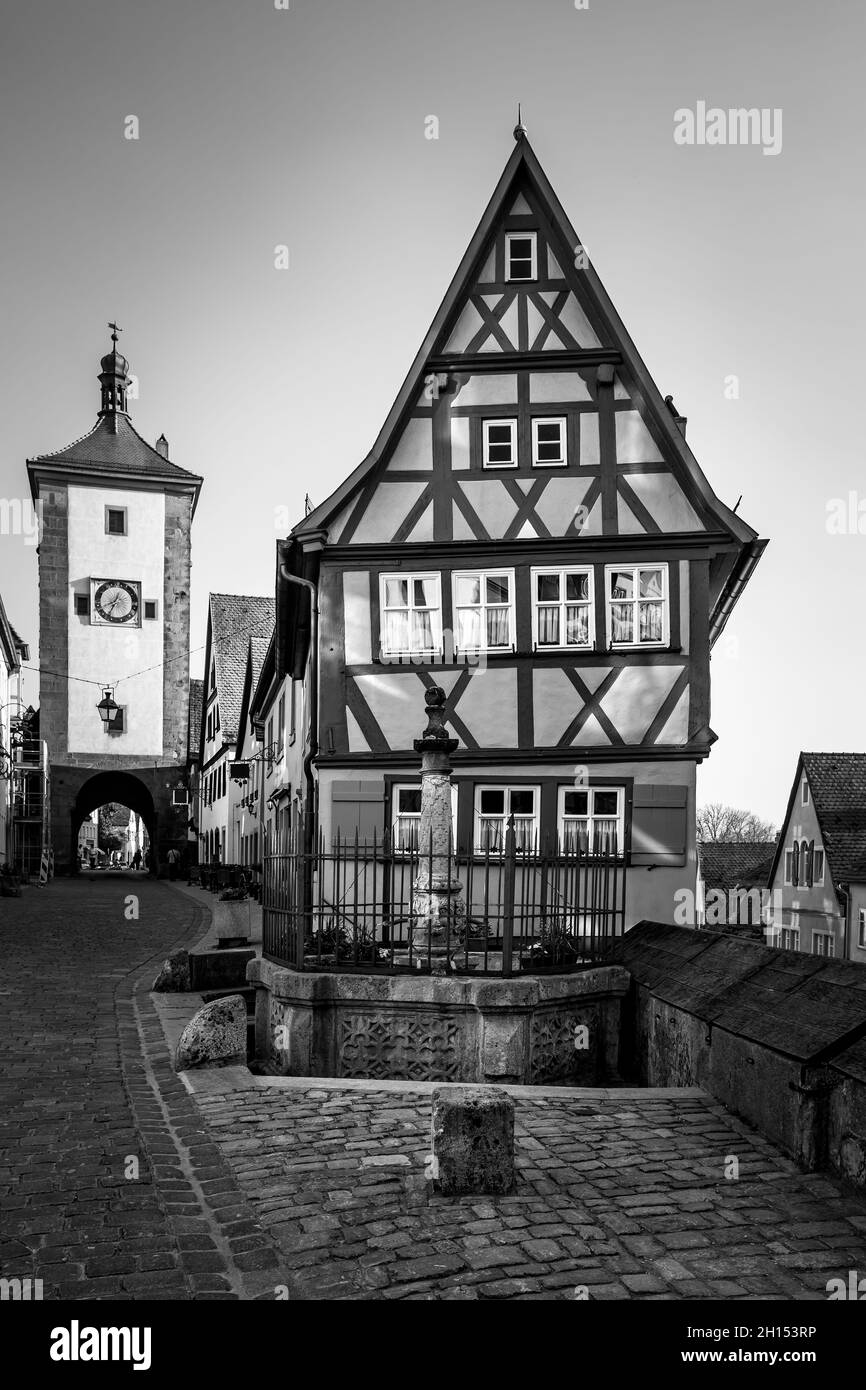 Old houses in Rothenburg ob der Tauber, Germany. Black and white german ...
