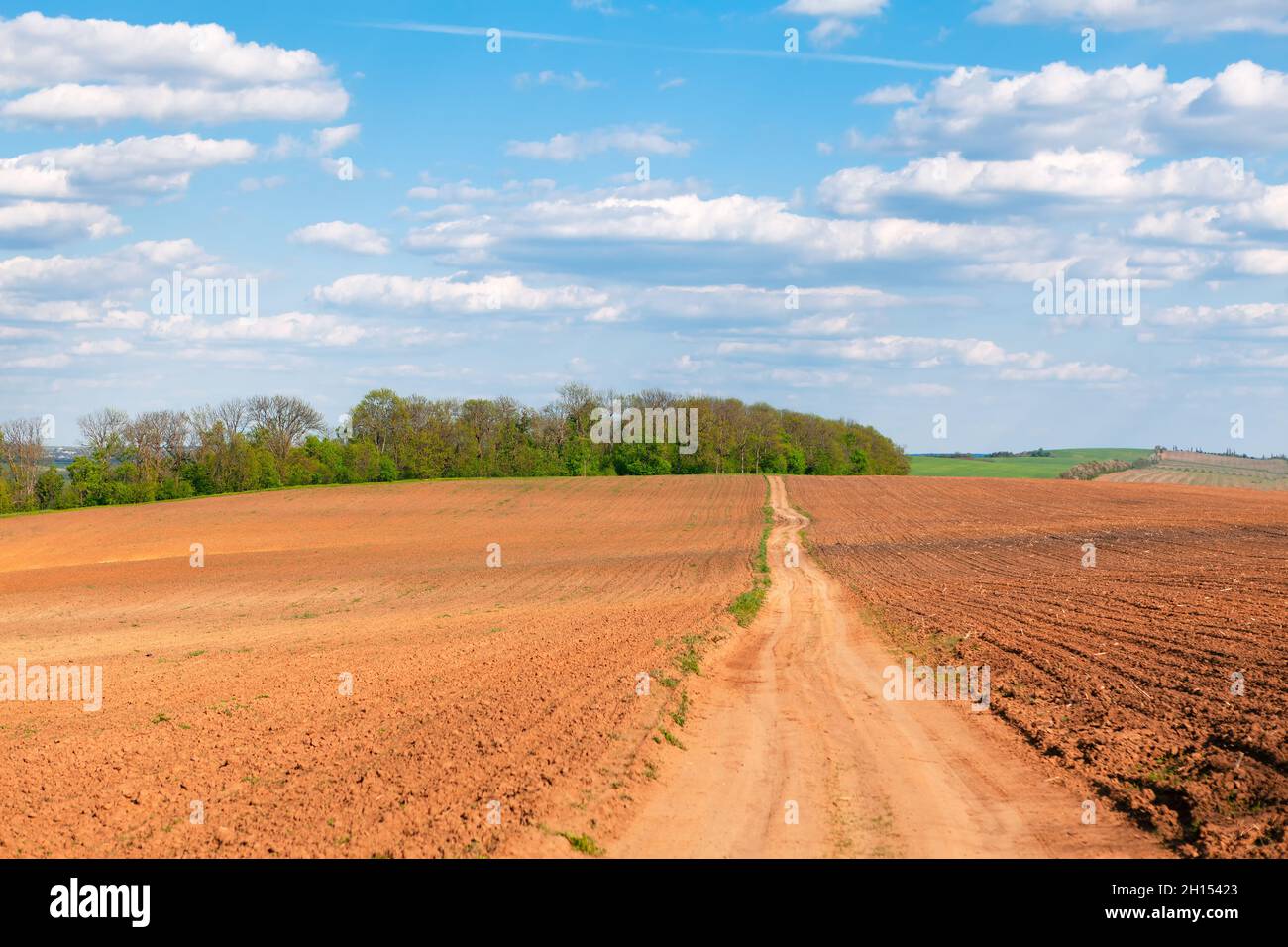 Clay country road between agricultural fields . Countryside pathway ...