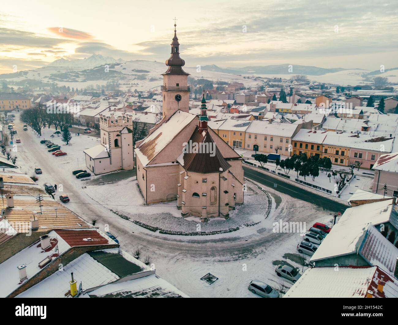 Panorama of the central part of Podolinec town in winter, Slovakia ...