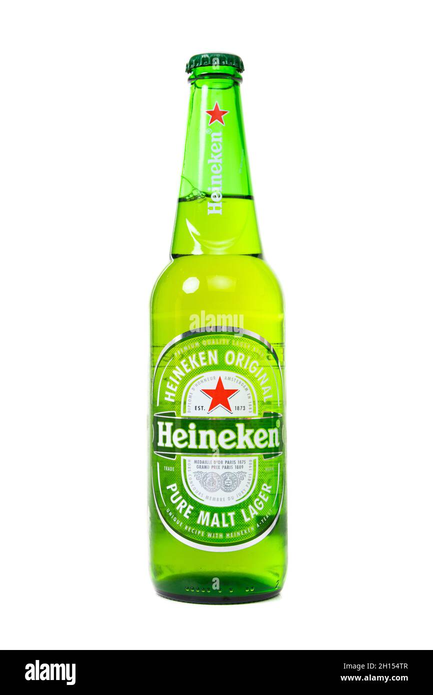 MINSK, BELARUS - OCT 14, 2021: green glass bottle of beer Heineken ...