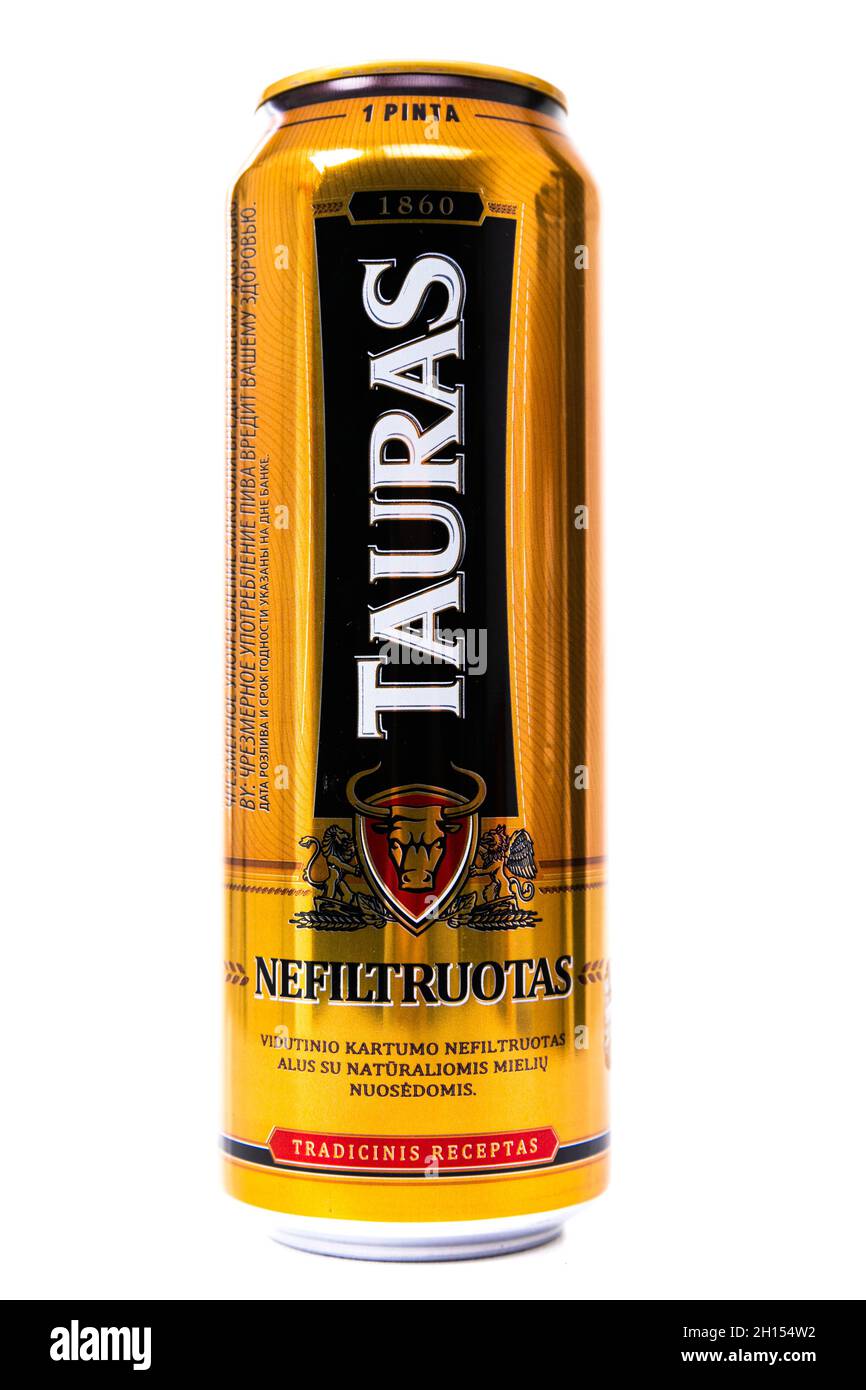 MINSK, BELARUS - OCT 14, 2021: aluminum can of beer Tauras on white ...