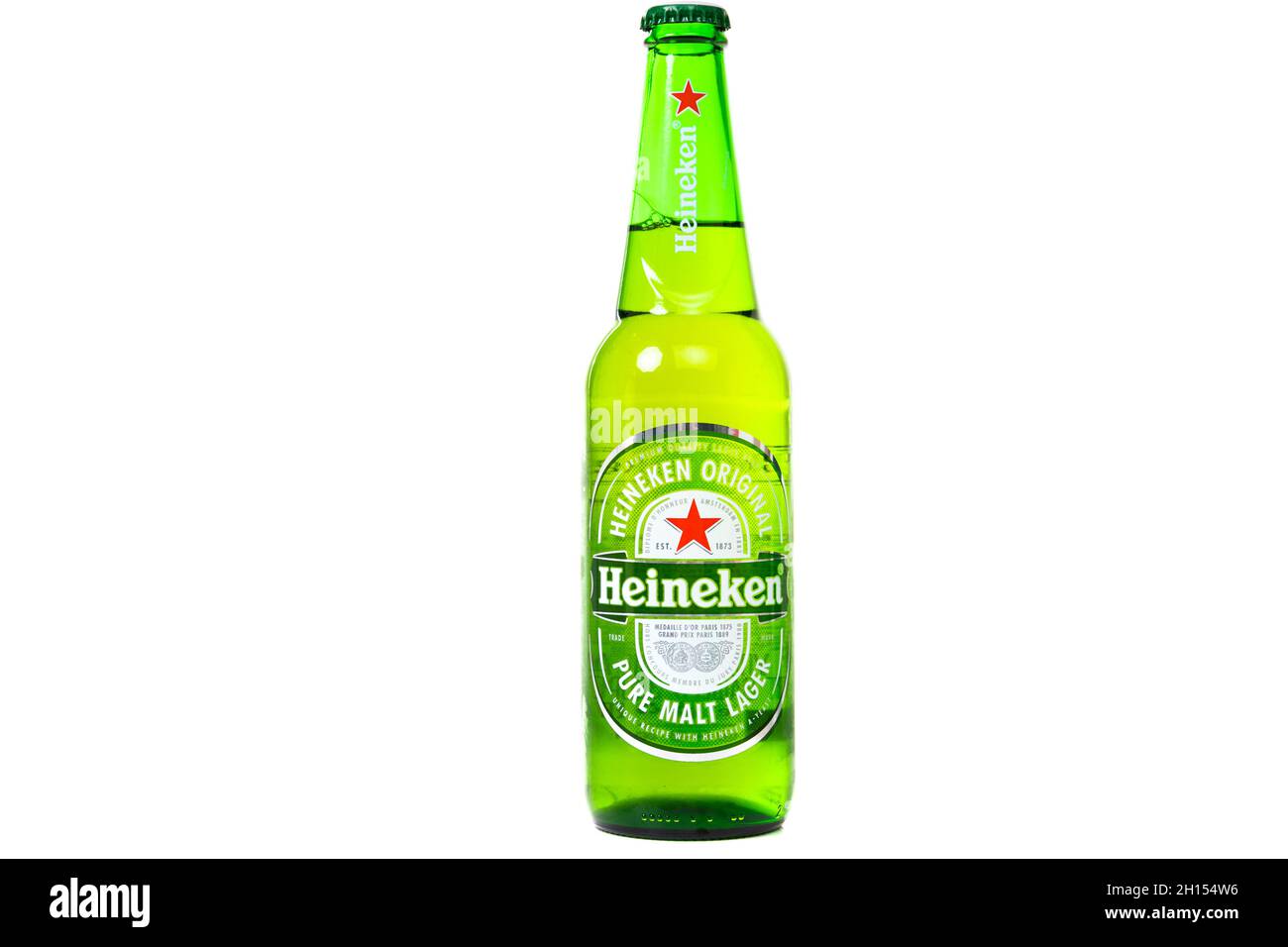 MINSK, BELARUS - OCT 14, 2021: green glass bottle of beer Heineken ...