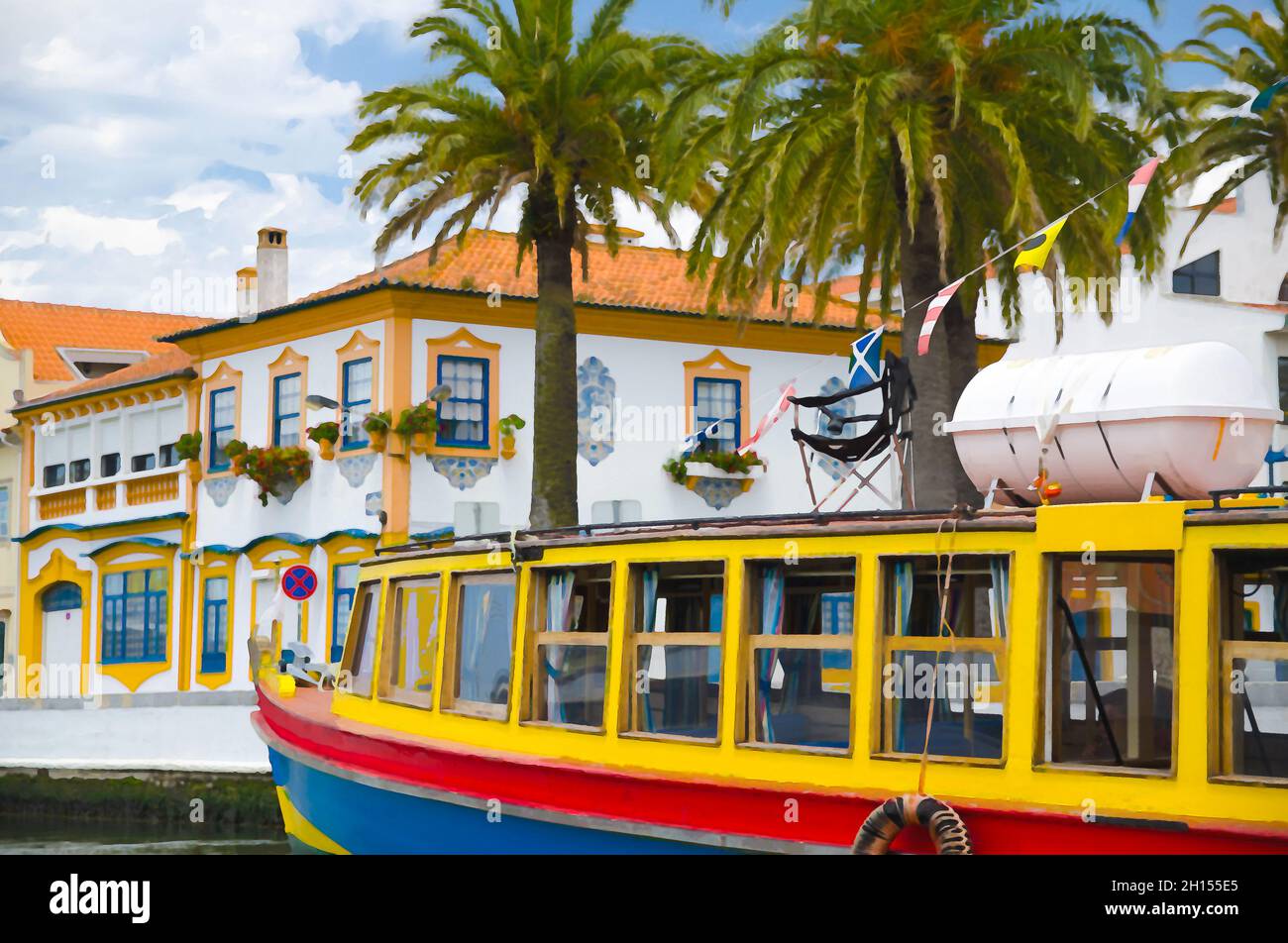 Watercolor drawing Portugal Aveiro in summer, little Venice of Portugal ...