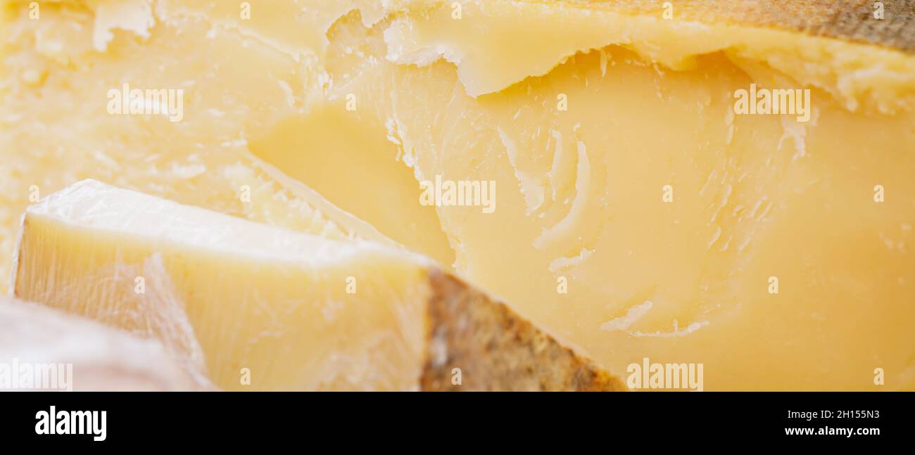 Hard goat cheese on the table. Many varieties of craft cheese are on ...