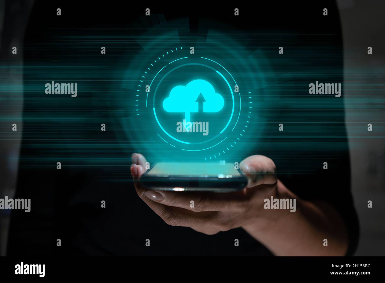 Cloud service concept with file storage and sharing over hand with icon ...