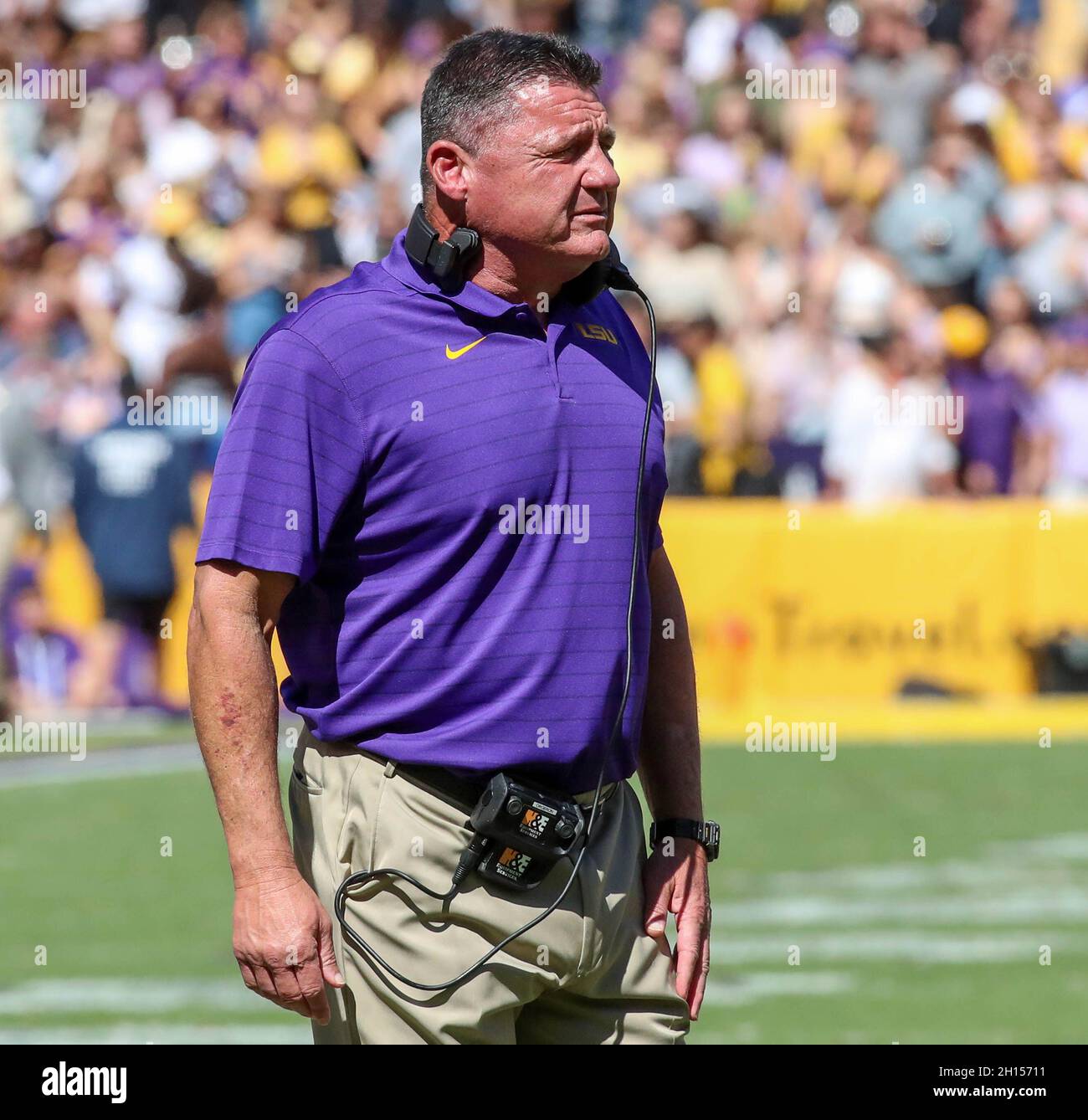 Baton Rouge, LA, USA. 16th Oct, 2021. LSU Head Coach Ed Orgeron looks on during a time out ...