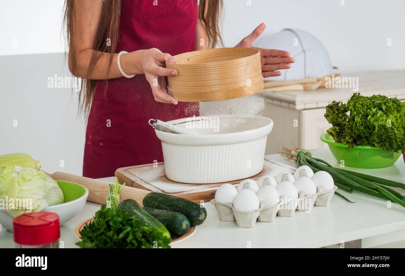 Tasty snacks. professional menu. teen girl chef wearing uniform. child ...