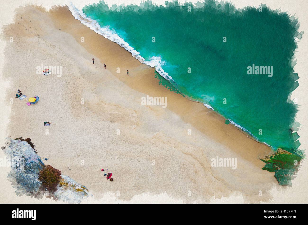 Watercolor drawing of Nazare coastline top view, white sand of beache ...