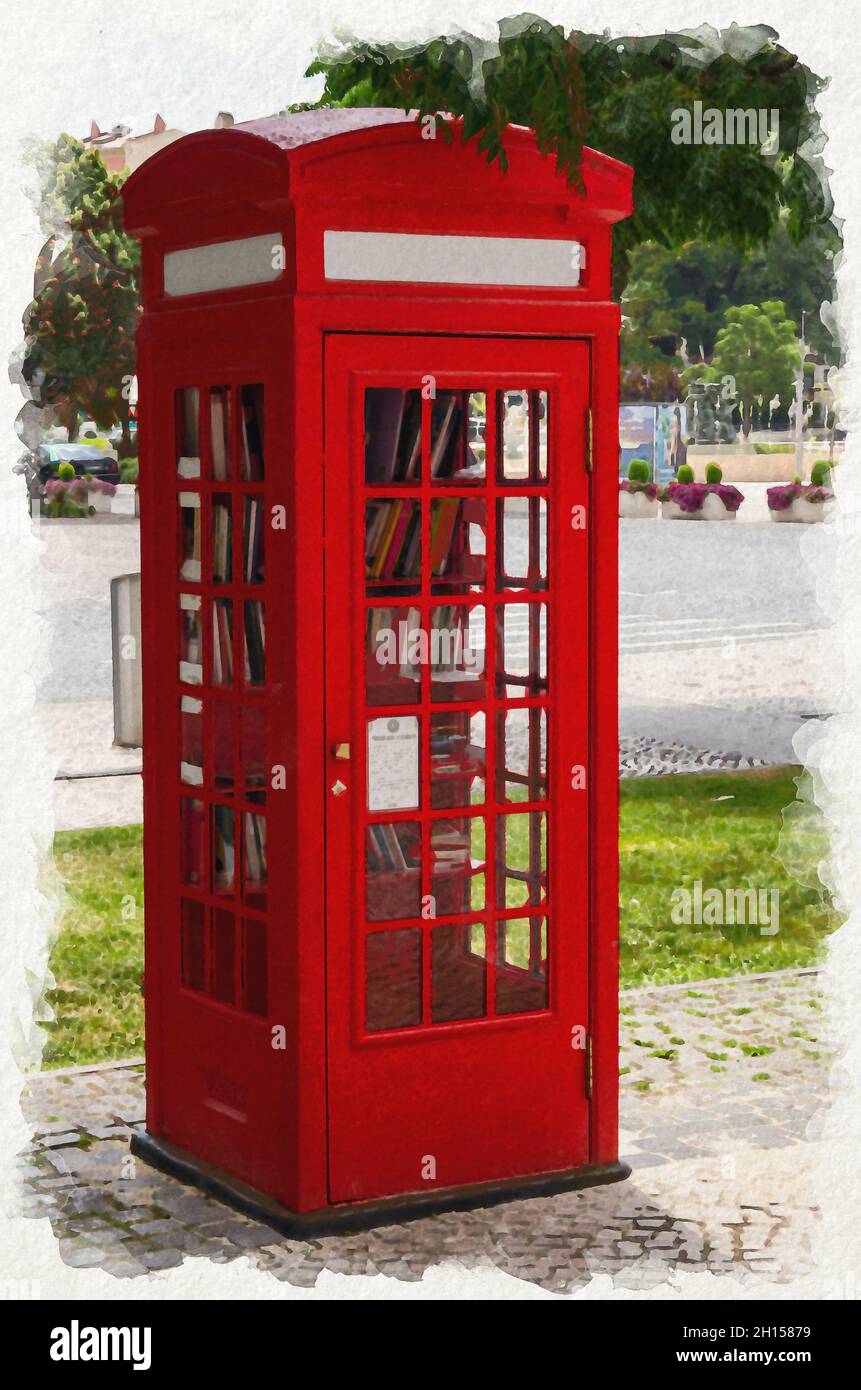 Watercolor drawing of Red telephone box with library books inside Stock ...