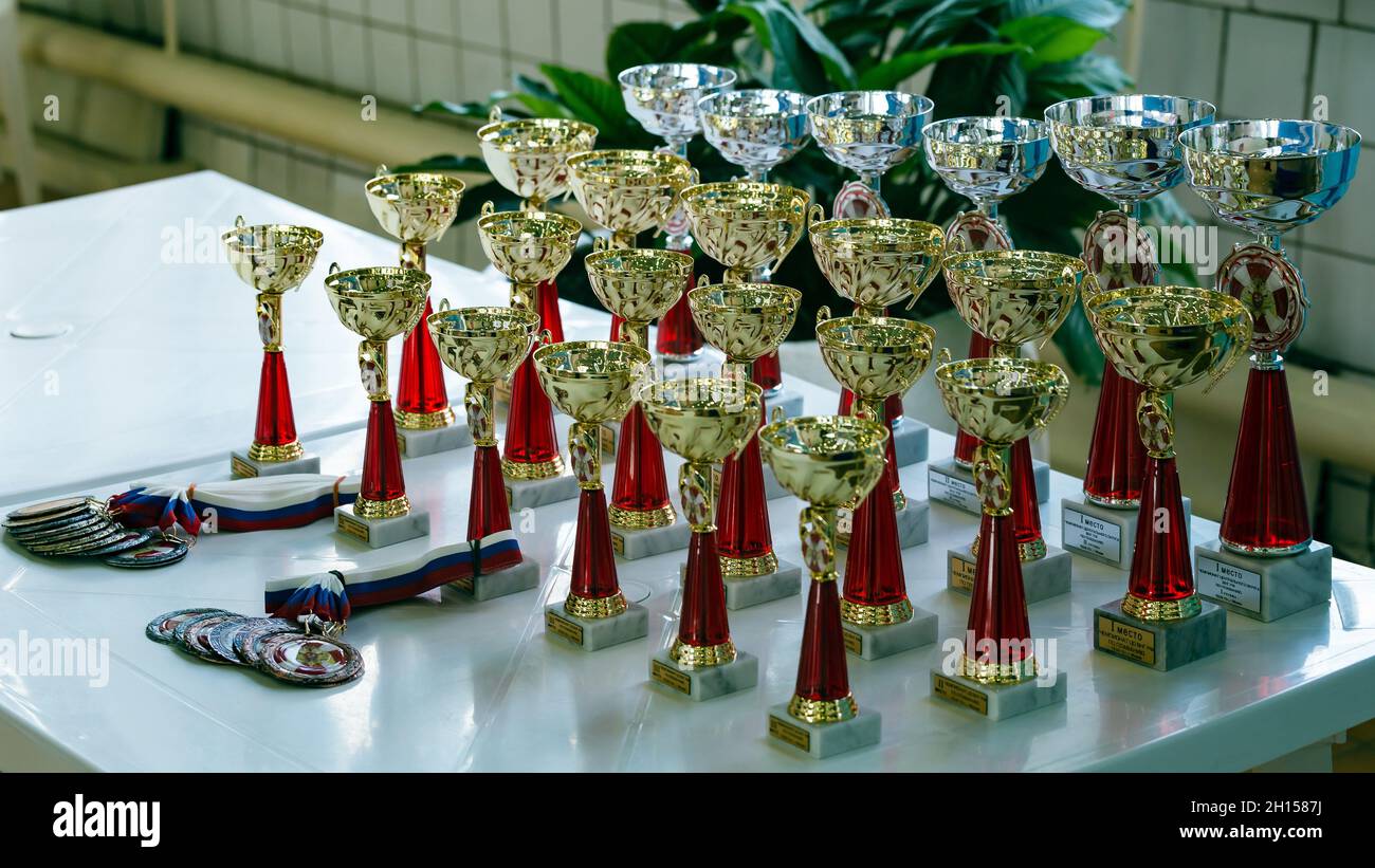 Moscow, Russia. 19th Apr, 2019. Sets of Trophies and Medals awards are ...
