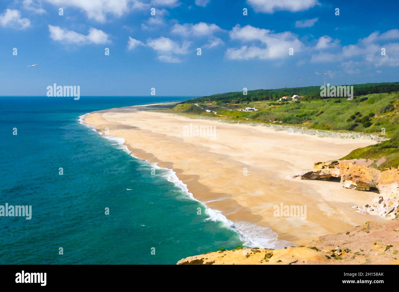 Watercolor drawing of Wonderful coastline landscape of Nazare beach in ...