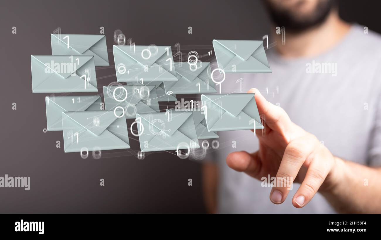3D render of an email symbol and Network Communications with a blurry ...