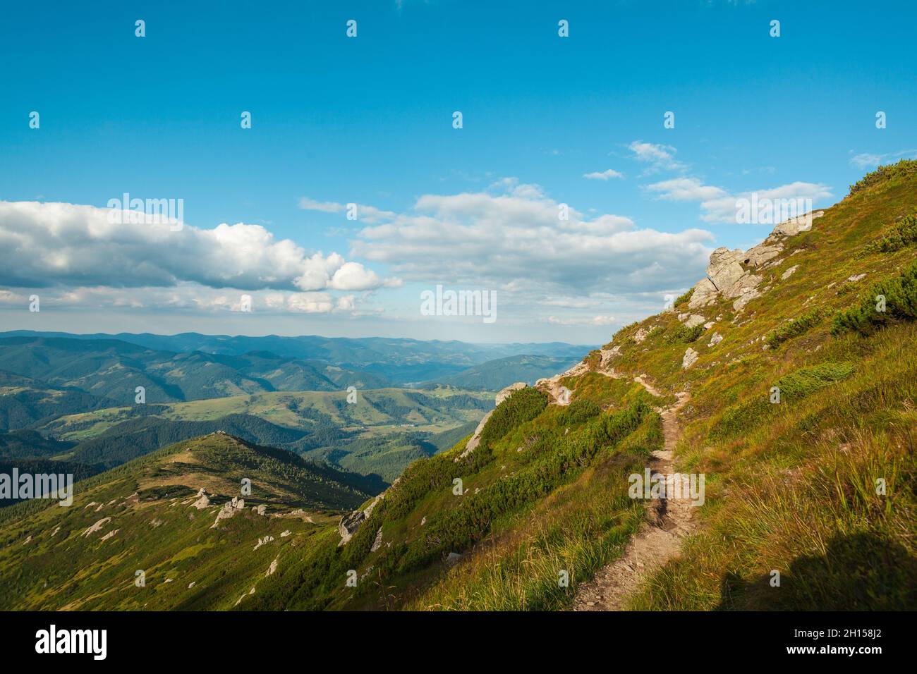 Narrow hiking trail on the hillside of the mountain, Ukrainian ...
