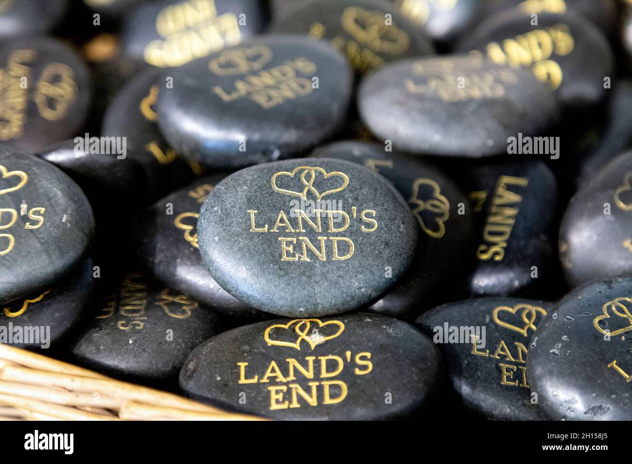 Souvenir rocks at a shop in Land's End, Penwith Peninsula, Cornwall, UK ...