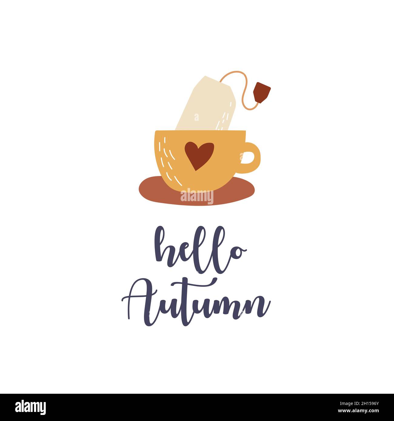 Hello autumn lettering with cup and tea bag. Cup with heart. Fall ...