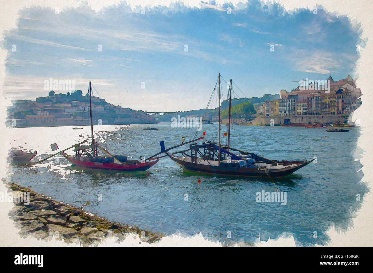 Watercolor drawing of Portugal, Porto wooden boats with wine port ...