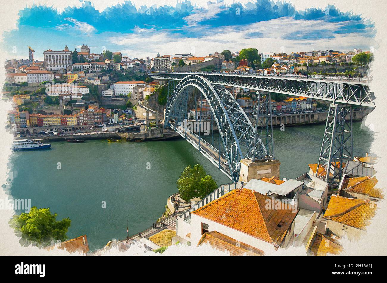 Watercolor drawing of Aerial view of Ponte Luis Bridge over Douro River ...