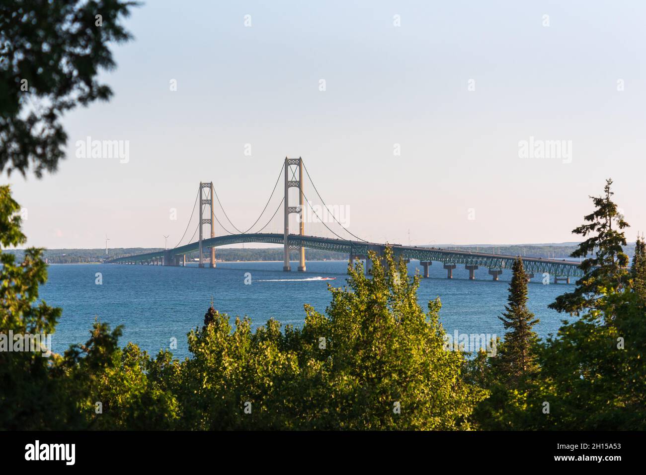 The Mackinaw Bridge before sunset from the Upper Peninsula Stock Photo ...