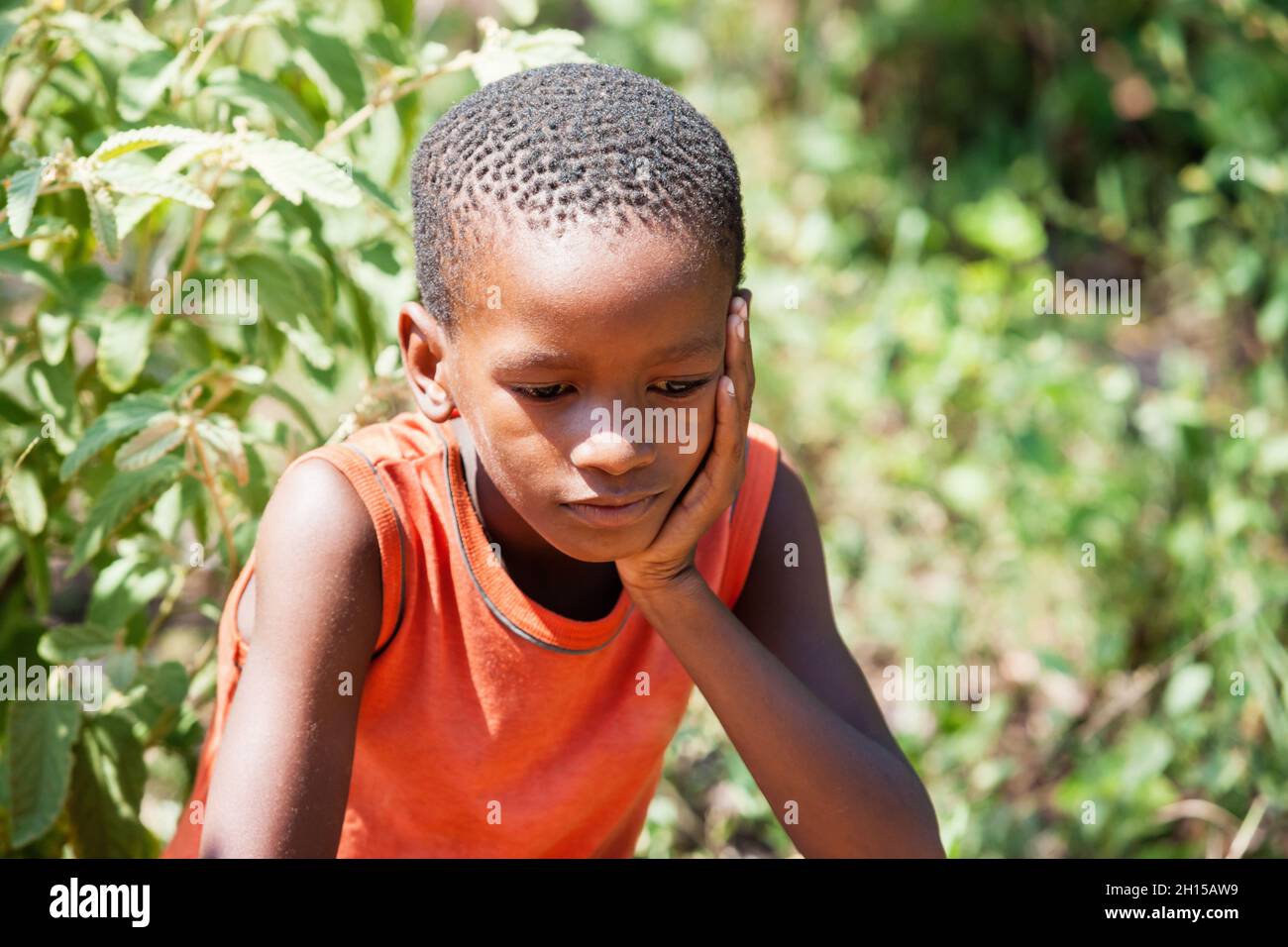 Portrait of a thinking African kid in the bush in Botswana, rural area ...