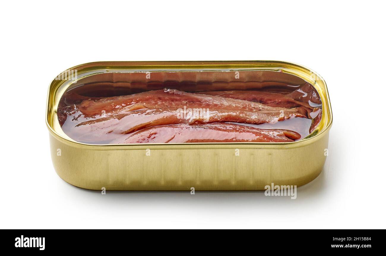 canned anchovy fillets isolated on white background Stock Photo - Alamy