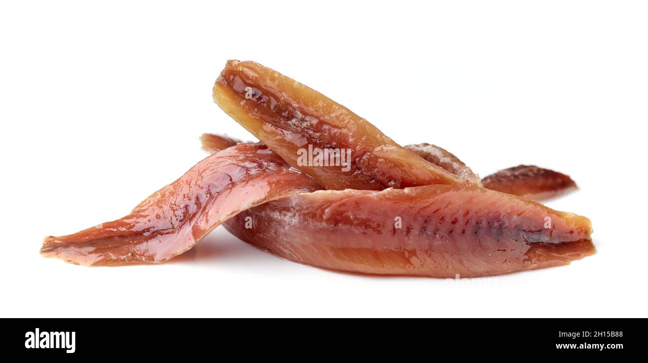 canned anchovy fillets macro isolated on white background Stock Photo ...