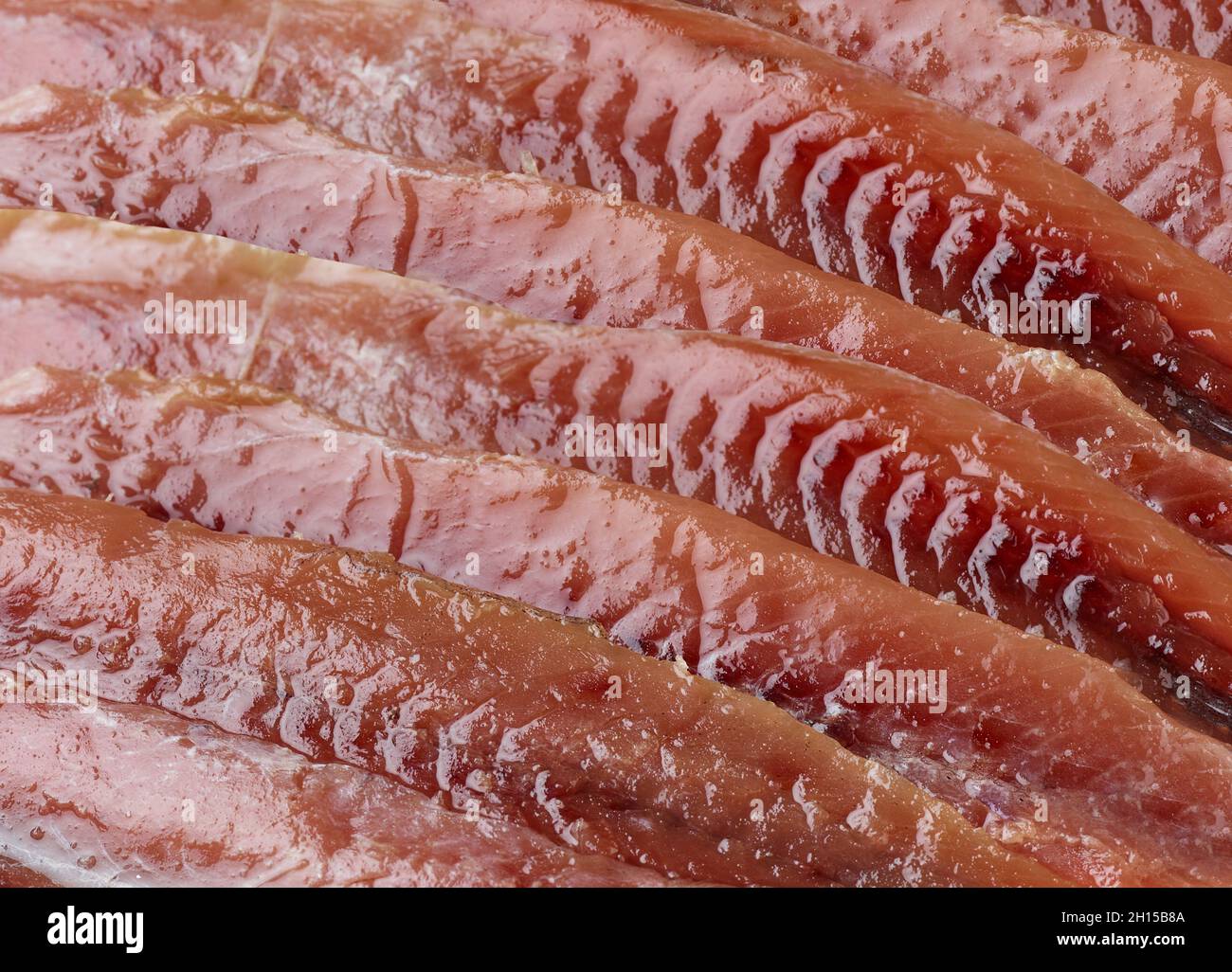 full frame of canned anchovy fillets. prepared fish background Stock ...