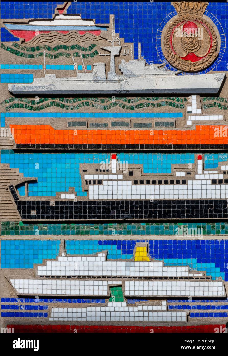 ocean liners and ships depicted in mosaic tiles on a wall in the ...