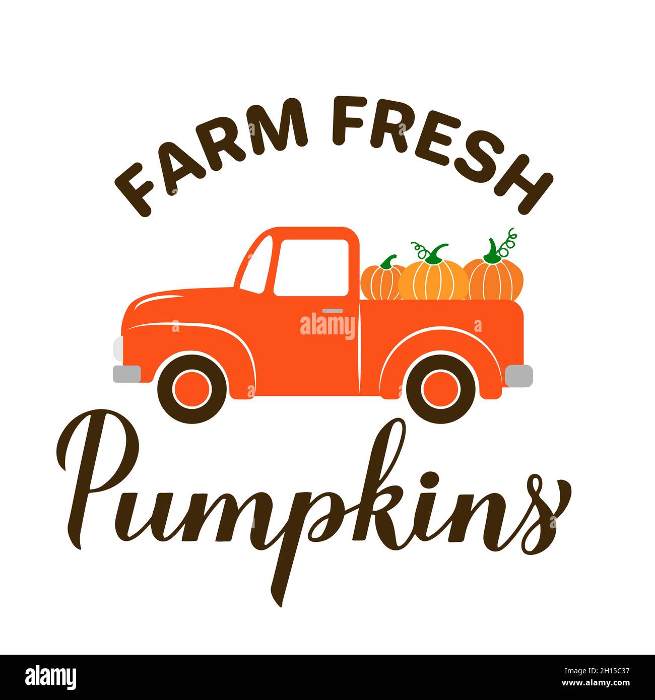 Farm fresh pumpkins calligraphy lettering with fall retro truck ...