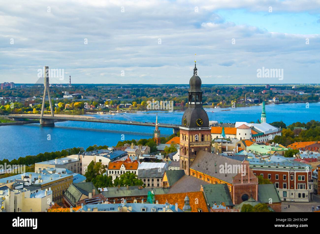 Watercolor drawing of Panorama view of Riga Cityscape Old Town, Dome ...