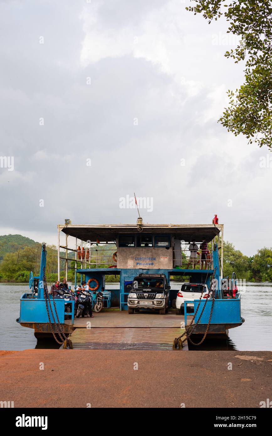 Goa, India September 15th 2021, Locals onboarding the ferry boat on ...