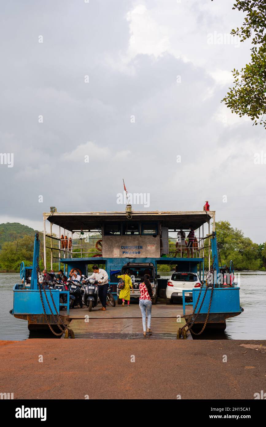 Goa, India September 15th 2021, Locals onboarding the ferry boat on ...