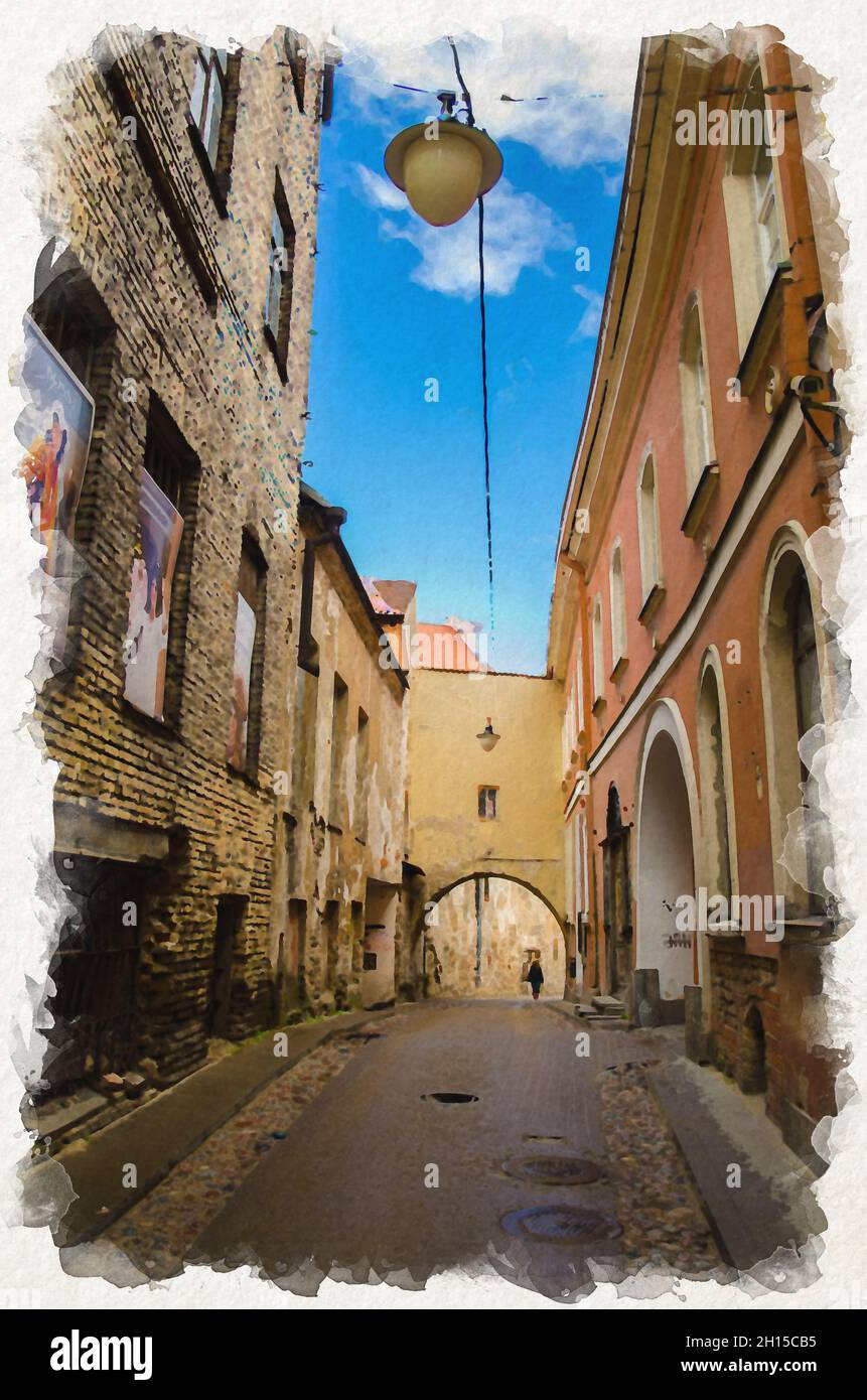Watercolor drawing of Narrow streets of Vilnius old town with arch ...