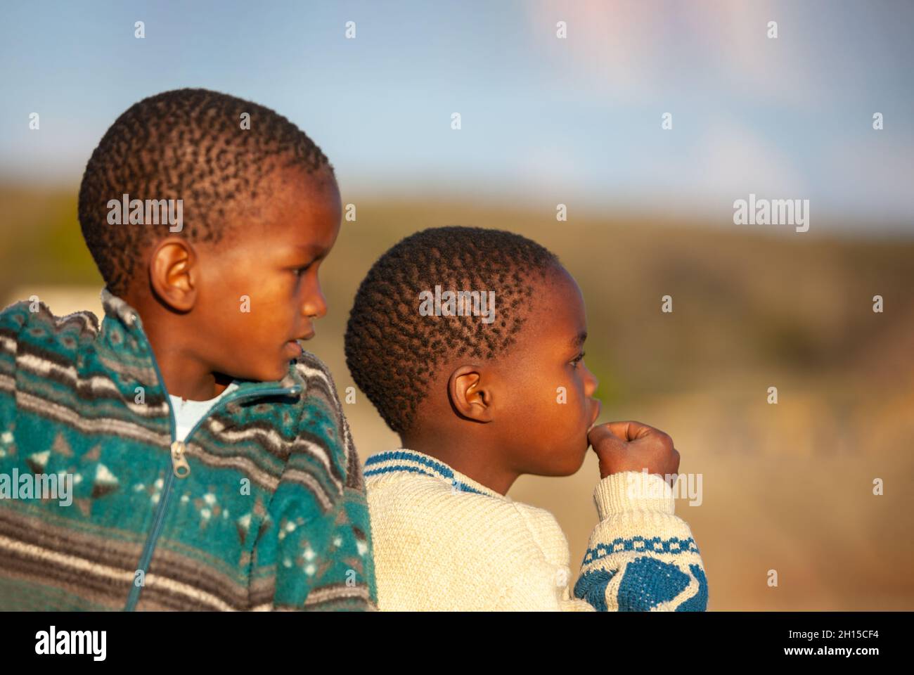 African kids in the yard of the village in Botswana, rural area ...