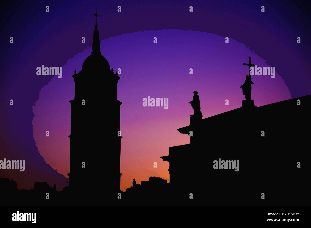 Watercolor drawing of Silhouette of Bell Tower and monuments on roof of ...
