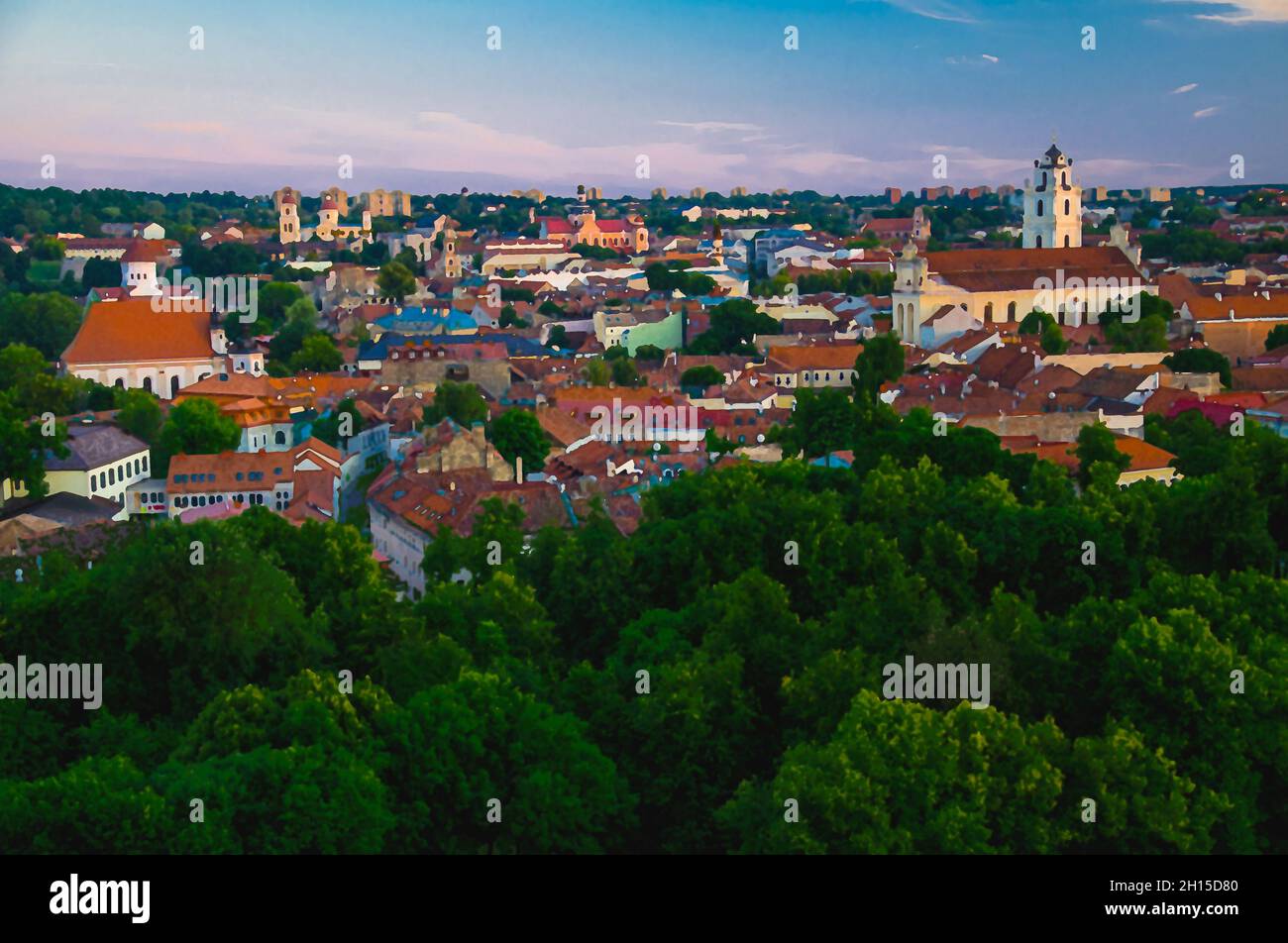 Watercolor drawing of Panoramic view of Vilnius old town center with ...
