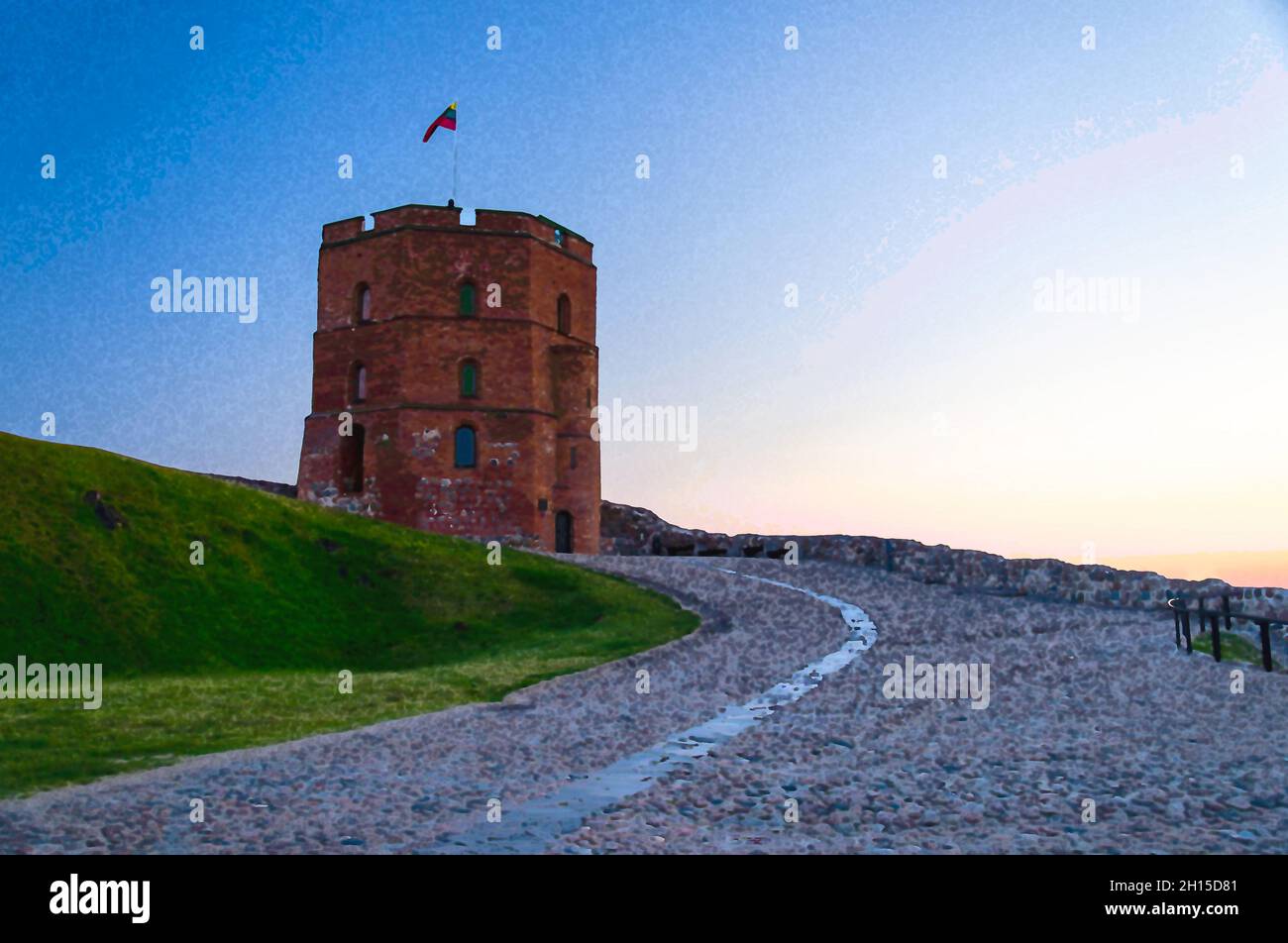 Watercolor drawing of Medieval old Castle Tower Of Gediminas (Gedimino ...