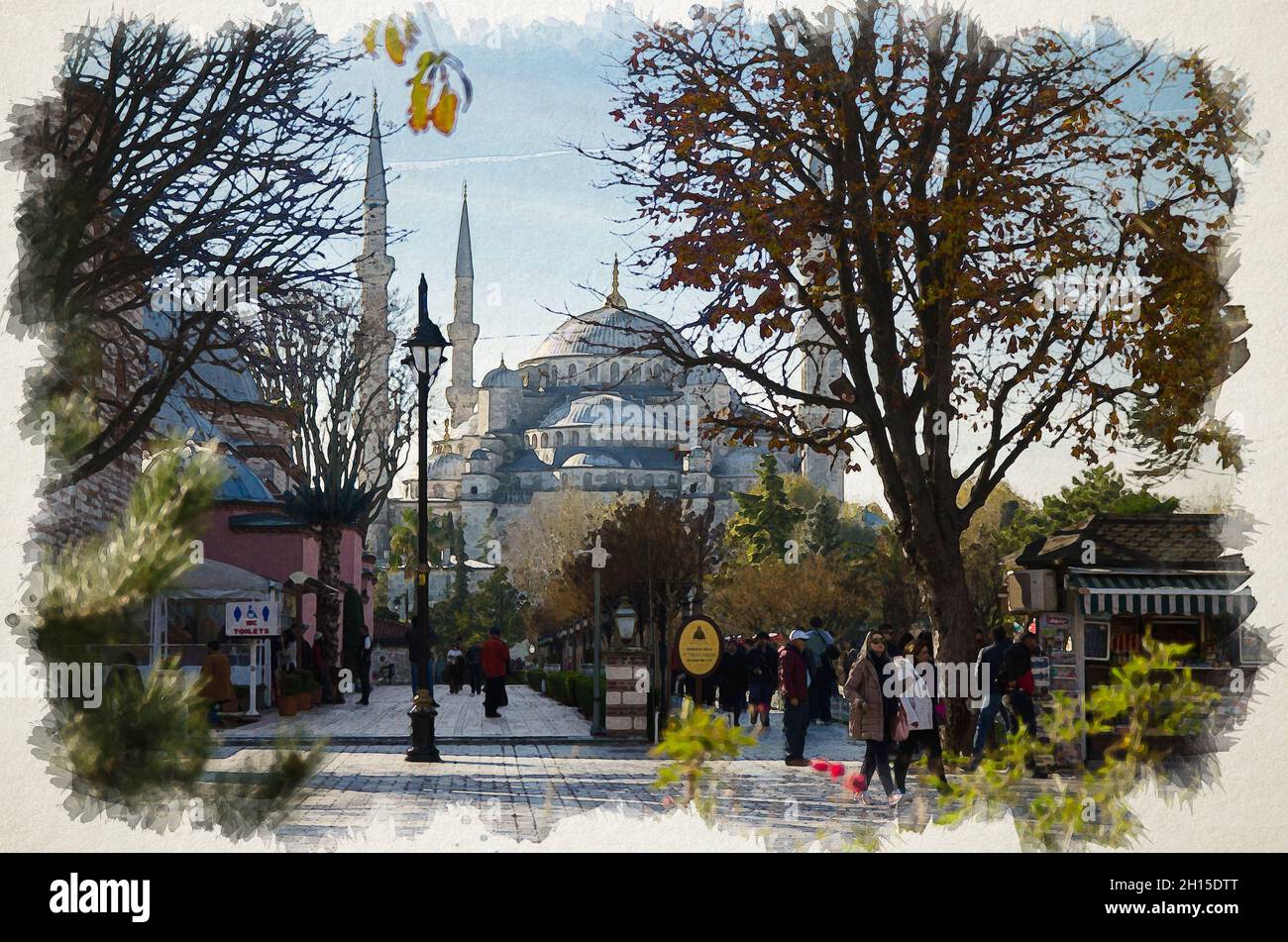 Watercolor drawing of People walking near Sultan Ahmet Camii named Blue ...