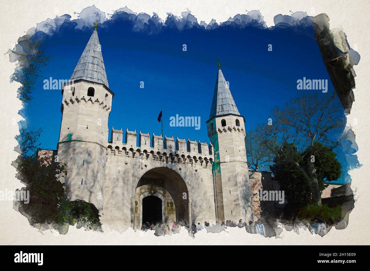 Watercolor drawing of People walking near The main entrance gate of ...