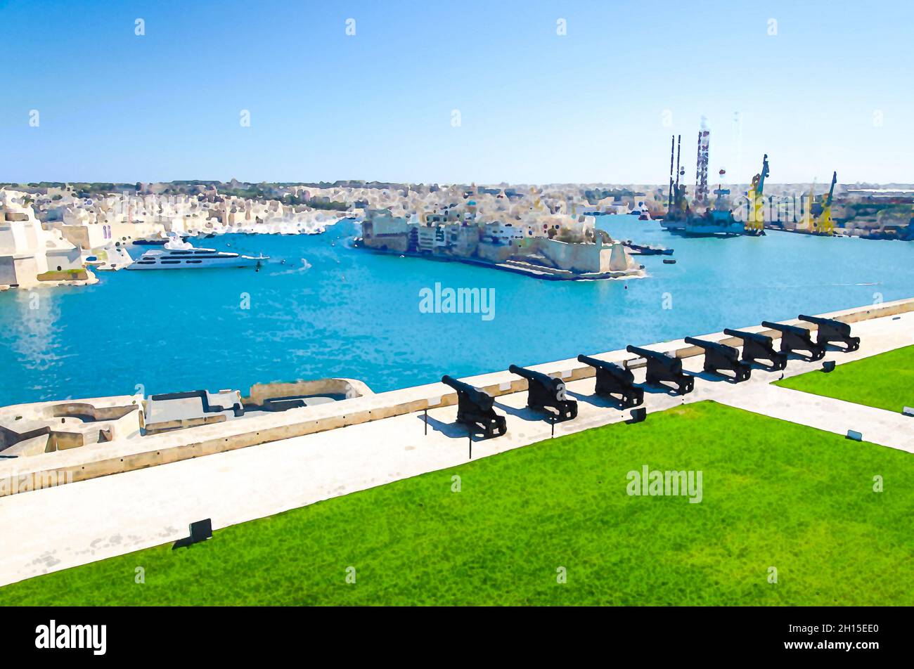 Watercolor drawing of Valletta Saluting Battery of Cannons at the Fort ...