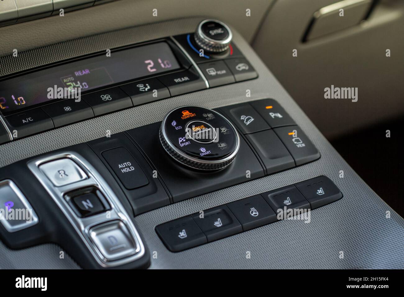 Drive selector button. Car interior, offroad drive controller closeup ...