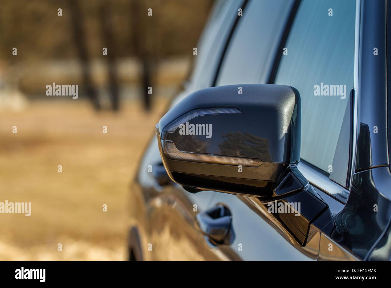 Close up front view of car side mirror. Front rear view mirror on the ...