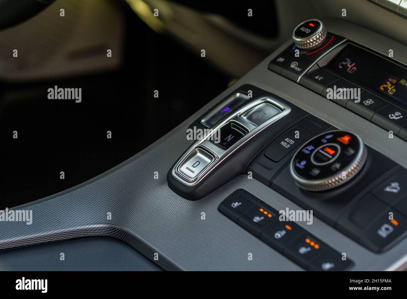 Modern car automatic gearbox. Gearbox control buttons. Gear selector ...