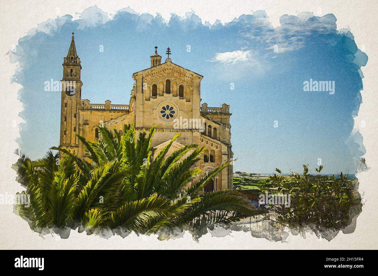 Watercolor drawing of Ta Pinu Sanctuary, Gharb Gozo Malta, The famous ...