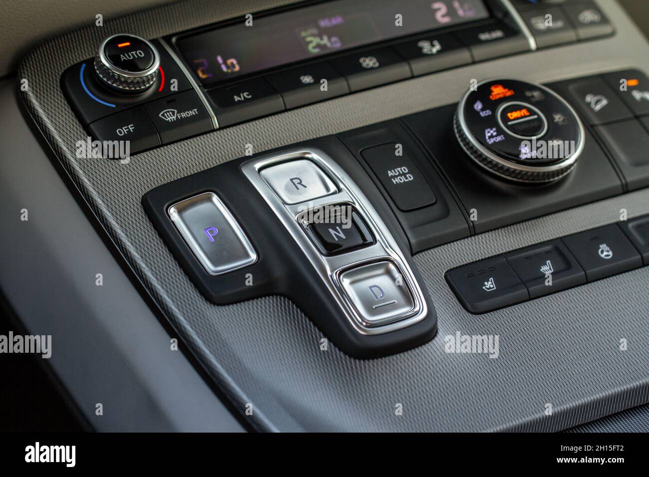 Modern car automatic gearbox. Gearbox control buttons. Gear selector ...