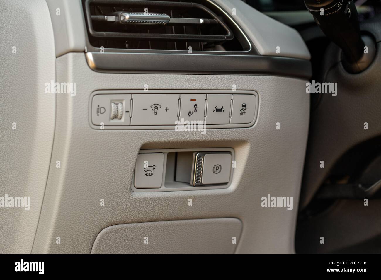 Close up view of modern car electronic safety systems control panel ...