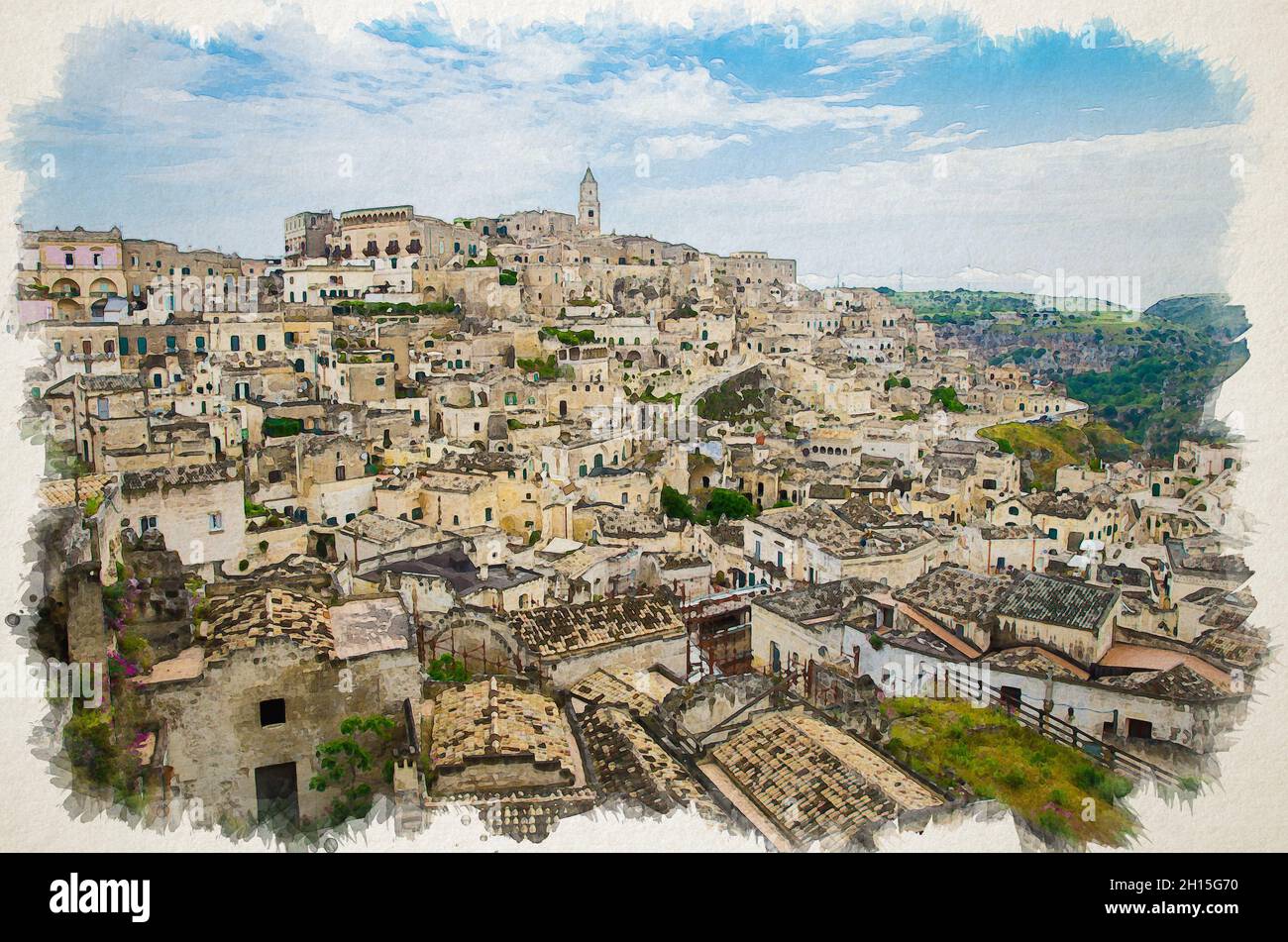 Watercolor drawing of Matera panoramic view of historical centre Sasso ...