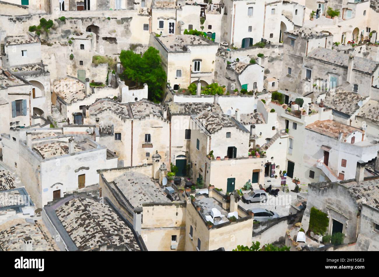Watercolor drawing of Matera white stone houses of historical centre ...