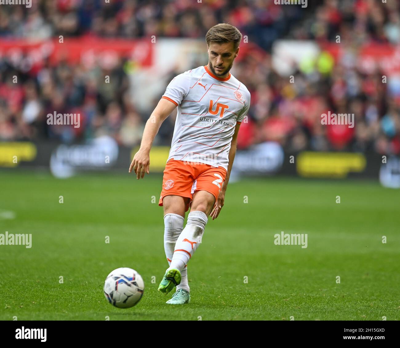 Luke Garbutt #29 of Blackpool passes the ball in, on 10/16/2021. (Photo ...