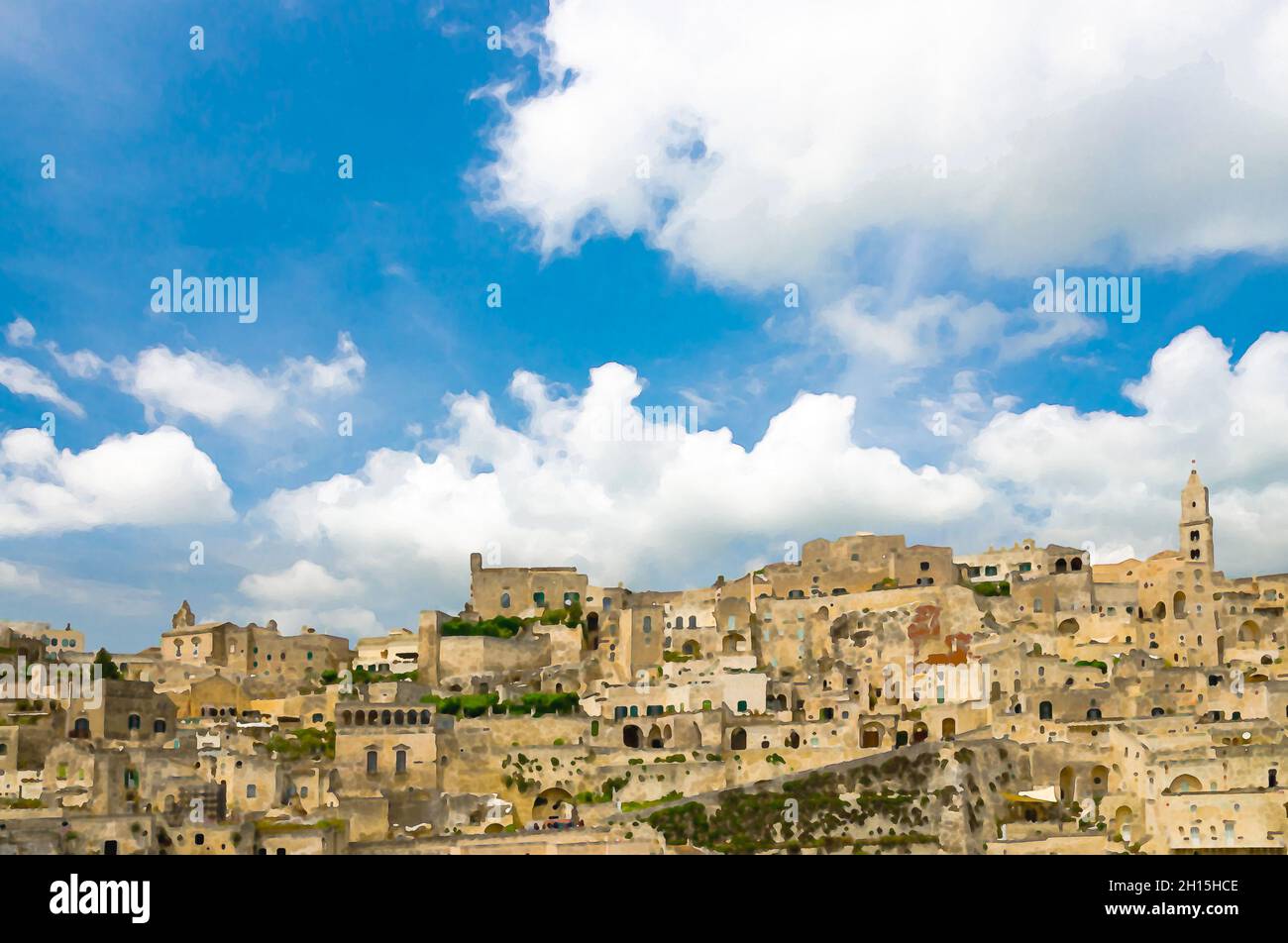 Watercolor drawing of Sassi di Matera panoramic view of historical ...