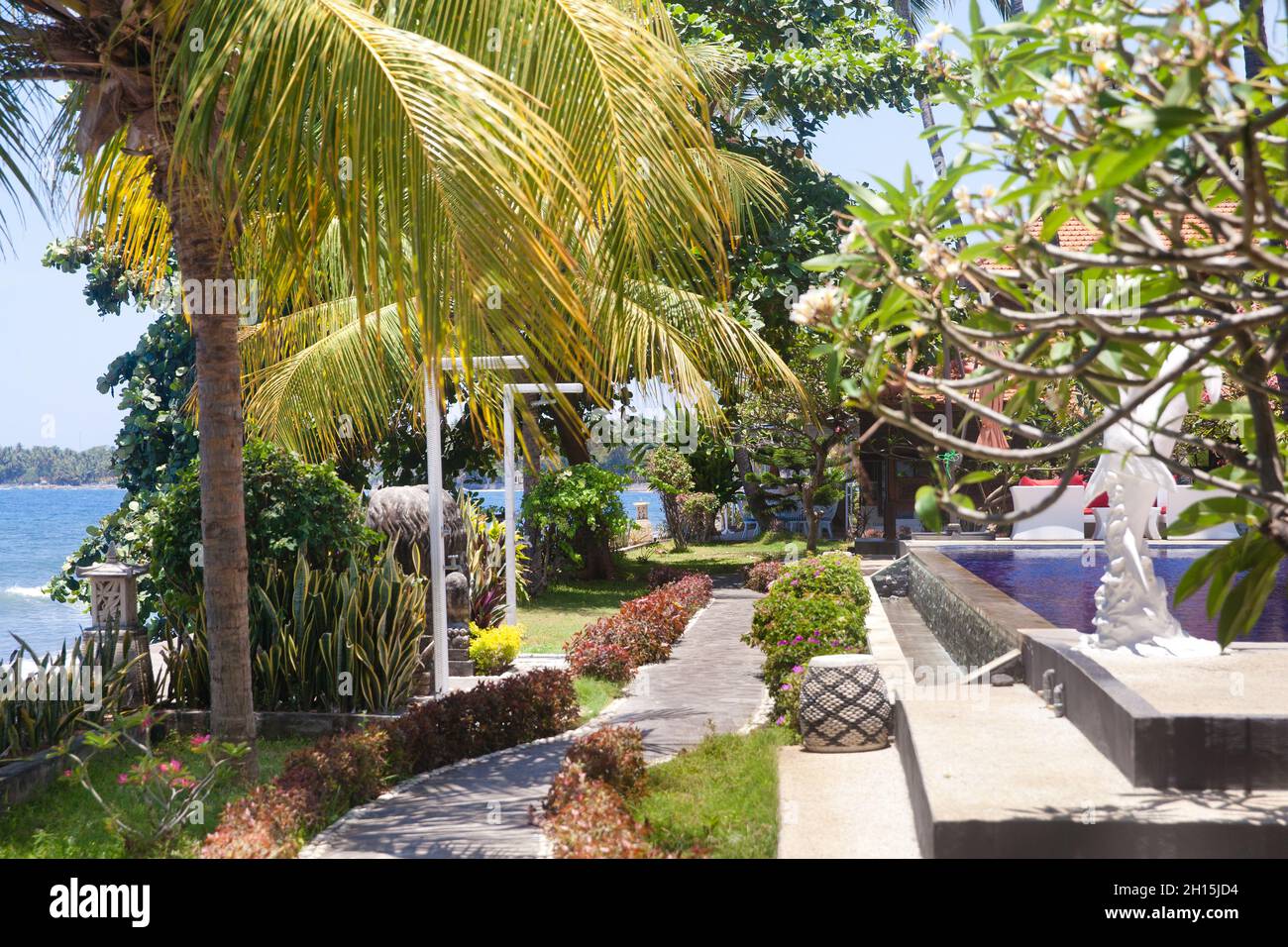 Walkway to beach from tropical garden. Beautiful garden with tropical ...